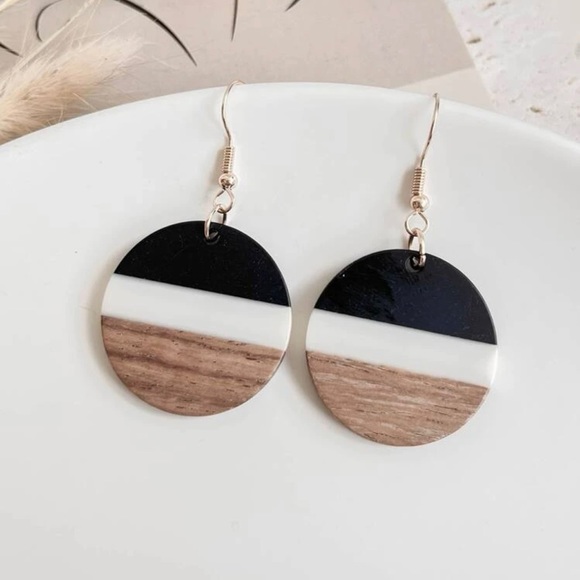 Jewelry | Colorblock Round Drop Earrings With Black White And Wood ...